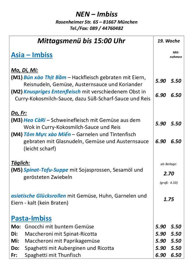 Menu at NEN-Imbiss restaurant, Munich