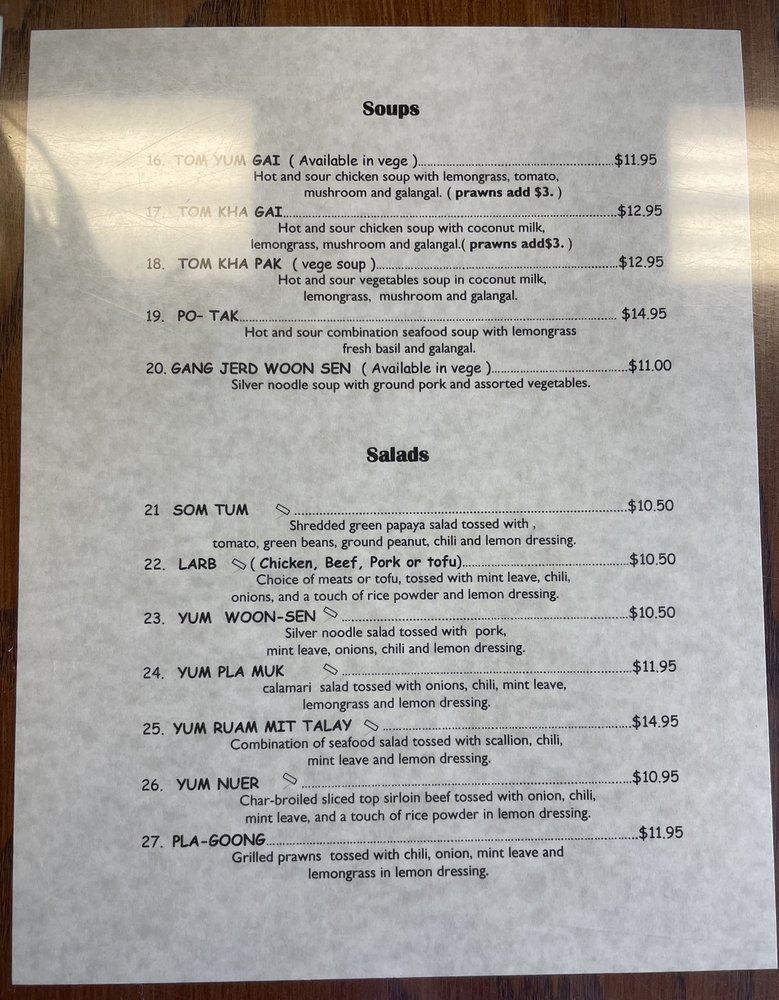 Menu at Thai Spice restaurant, Pinole