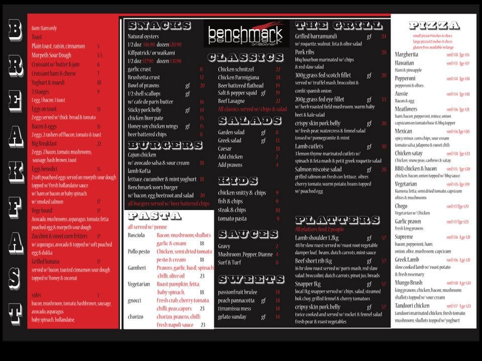 Menu at Benchmark on Booner restaurant, Hawks Nest, Cnr Booner