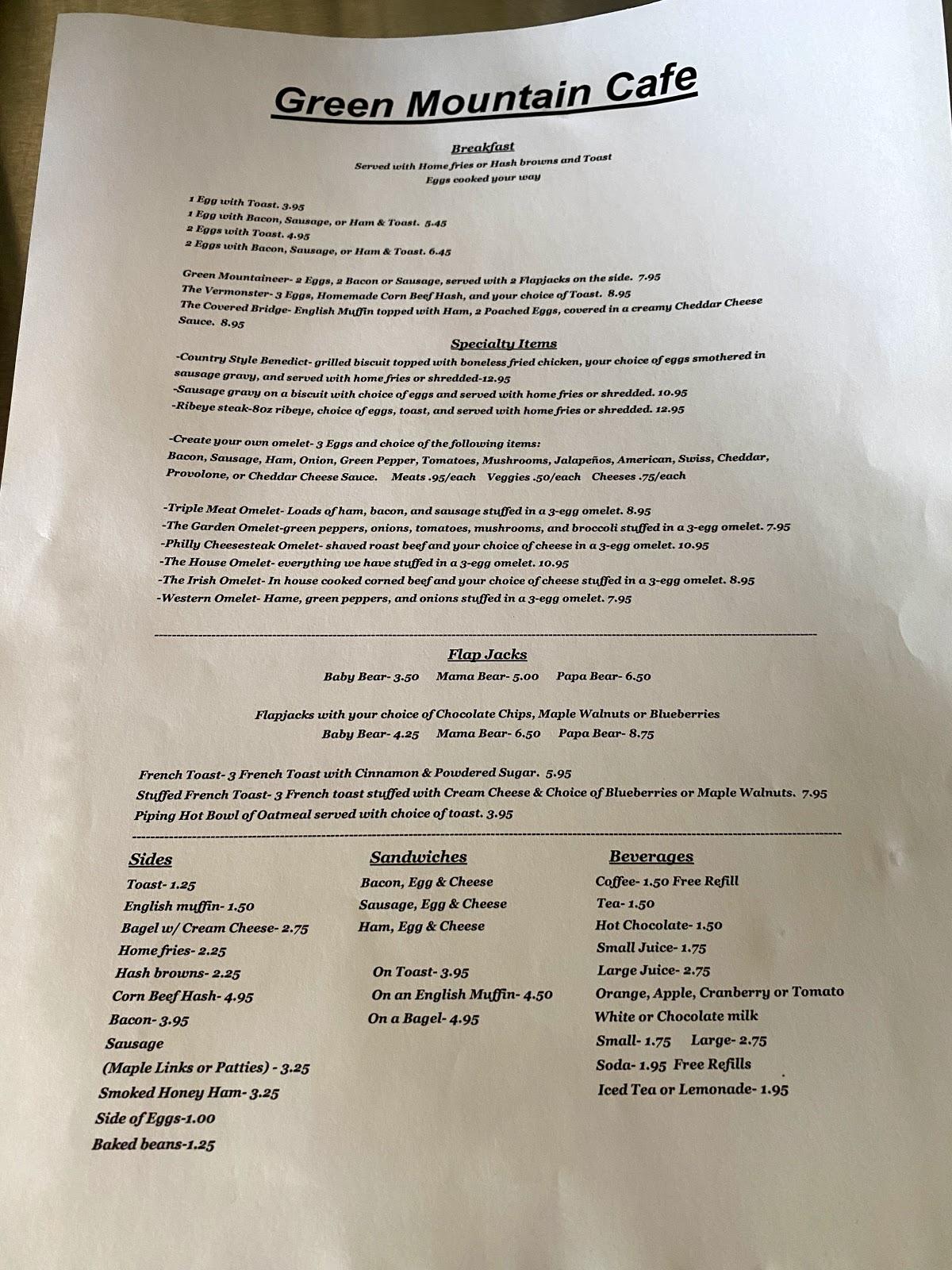 Menu at Green Mountain Cafe, Saint Albans City