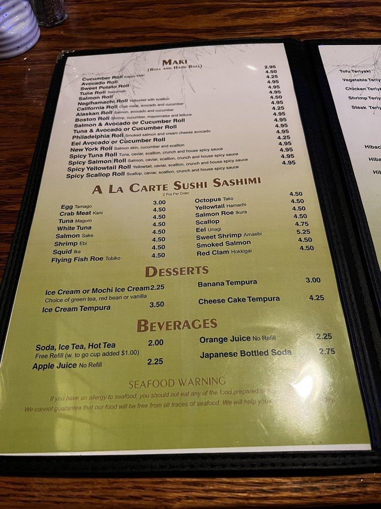 Menu at Ichiro restaurant, Dickson