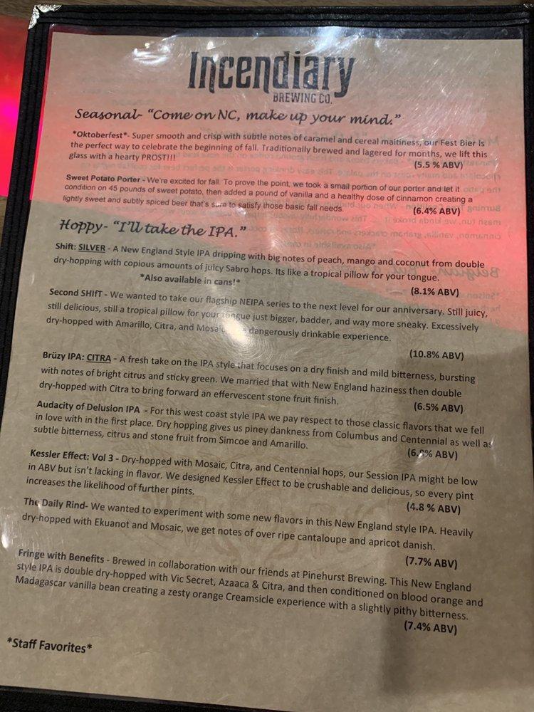 Menu at Incendiary Brewing Company restaurant, Winston-Salem