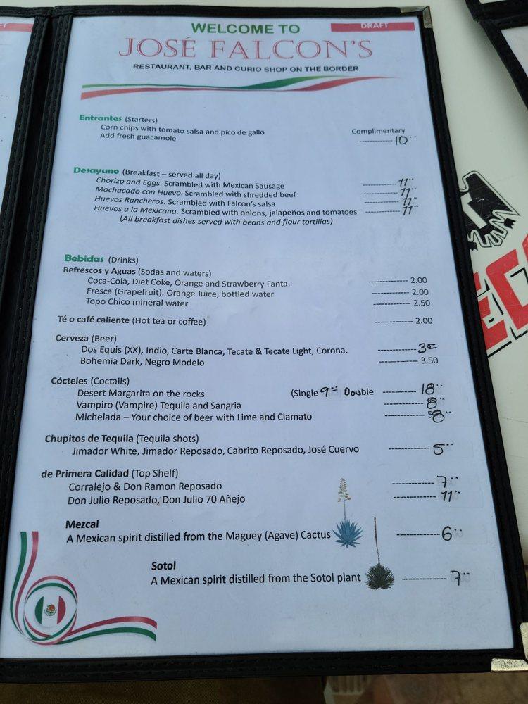 Menu at Jose Falcon's Restaurant & Bar, Boquillas del Carmen