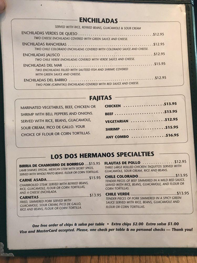 Menu at Los Dos Hermanos restaurant, Sierraville, 101 Battelle St