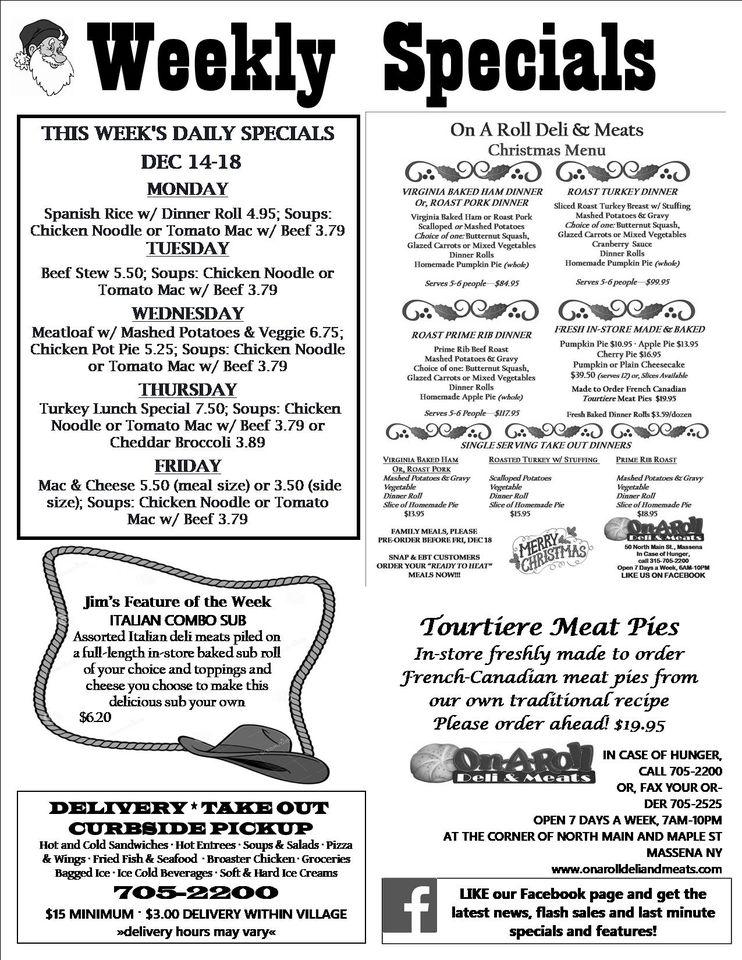 Menu at On A Roll Deli restaurant, Massena