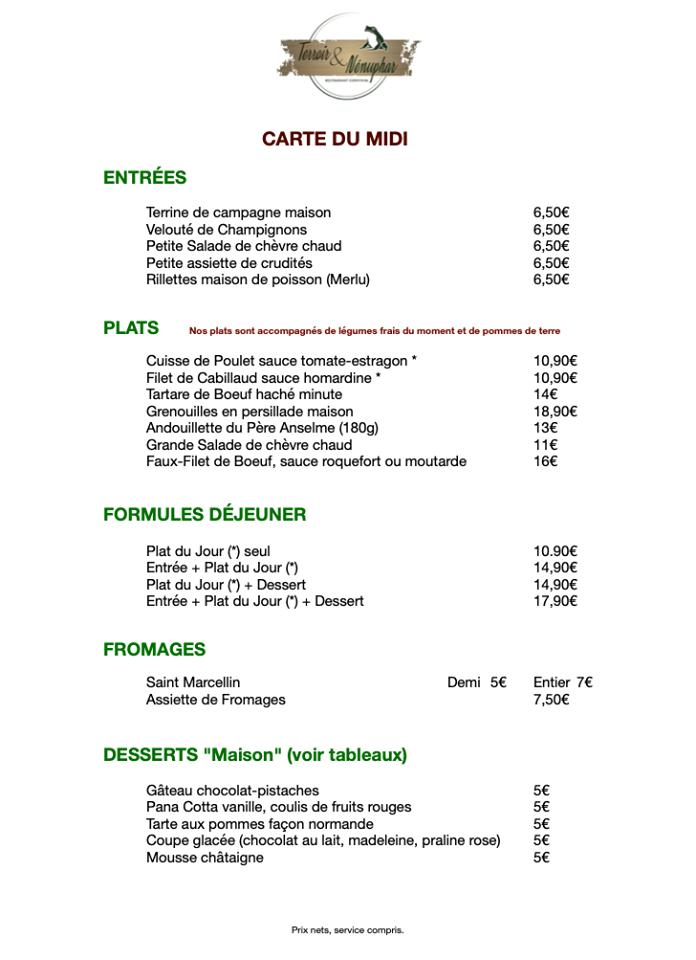 Menu at Terroir & Nenuphar restaurant, Lyon
