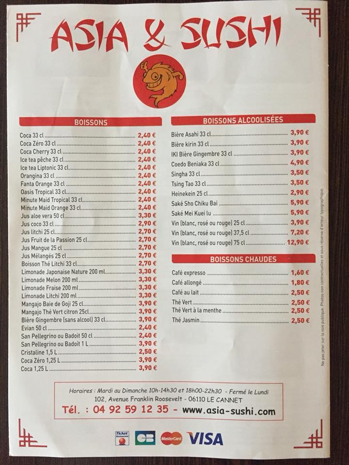 Menu at Asia Sushi restaurant, Le Cannet