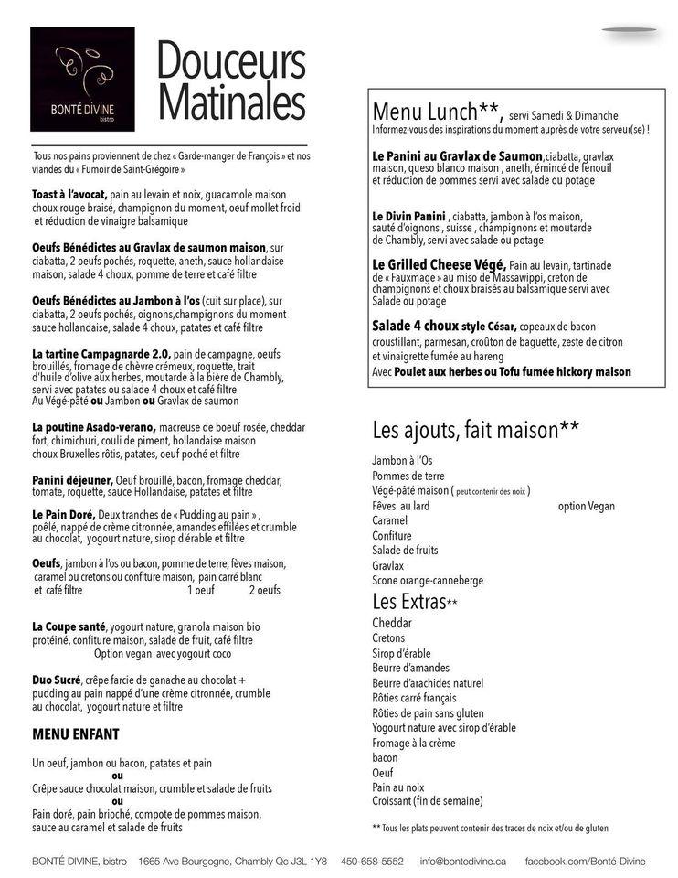 Menu at Bonté Divine restaurant, Chambly, Av. Bourgogne