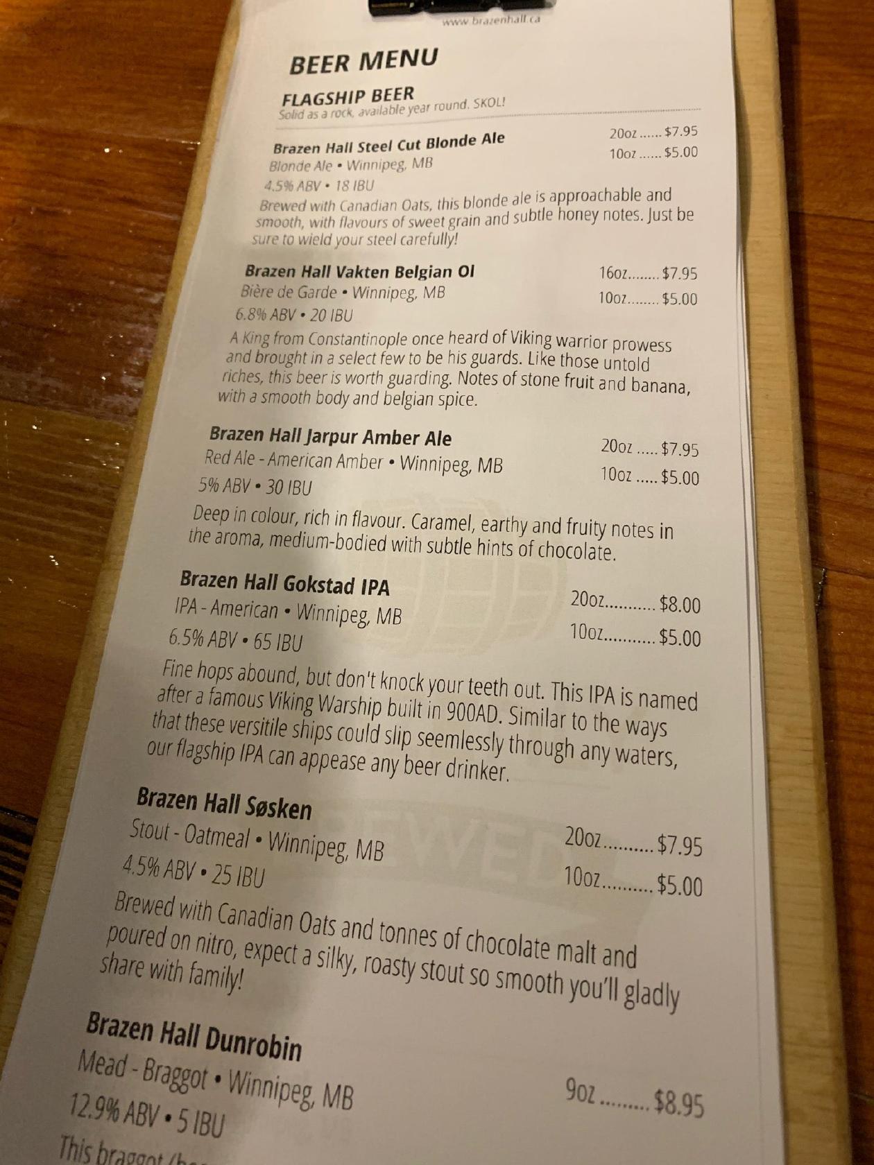 Menu at Brazen Hall Kitchen & Brewery restaurant, Winnipeg