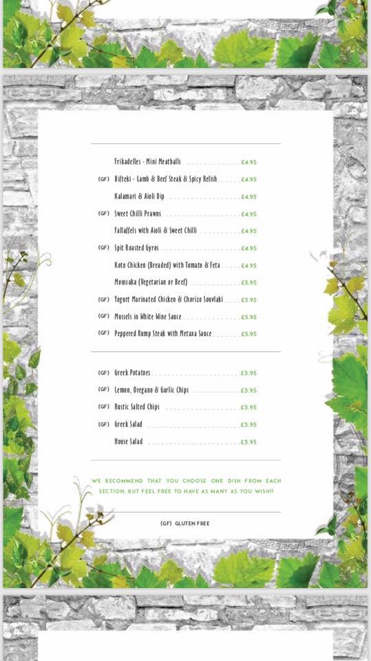 Menu at Dollakis restaurant, Enniskillen