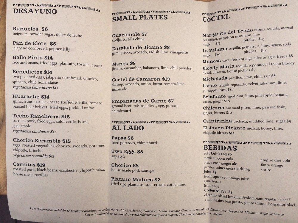 Menu at El Techo pub & bar, San Francisco