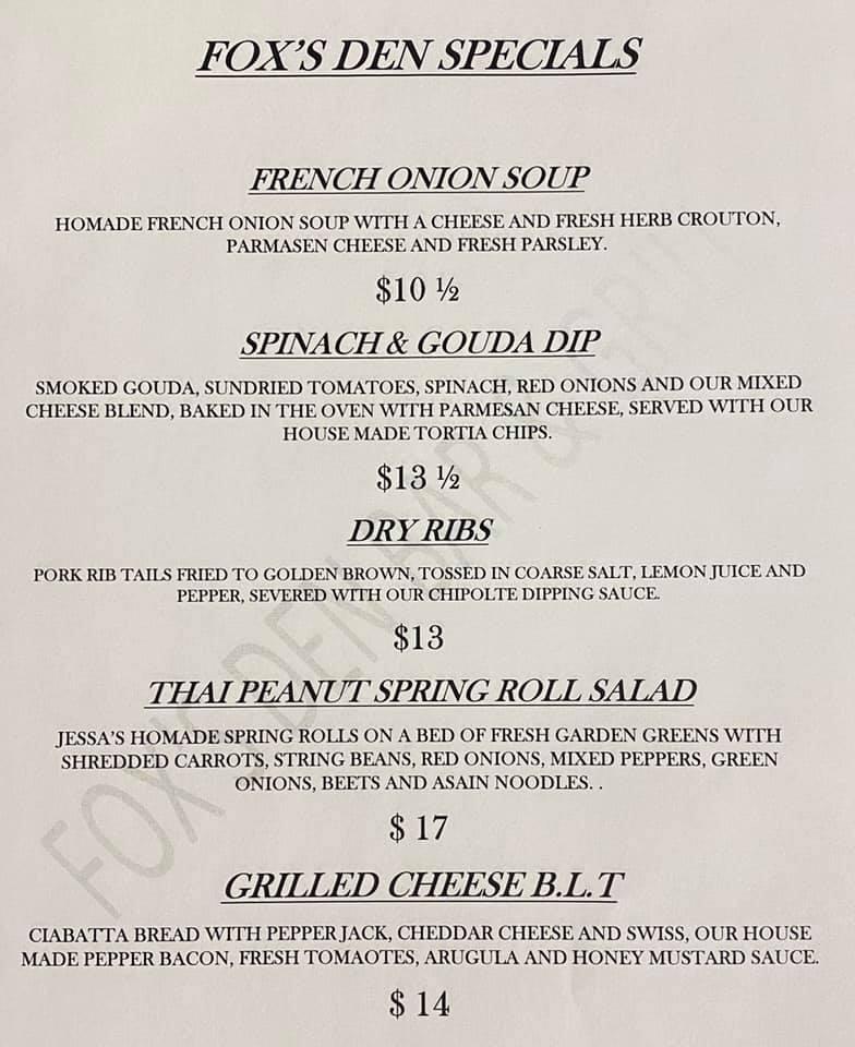Menu at Fox's Den Bar & Grill, Williams Lake
