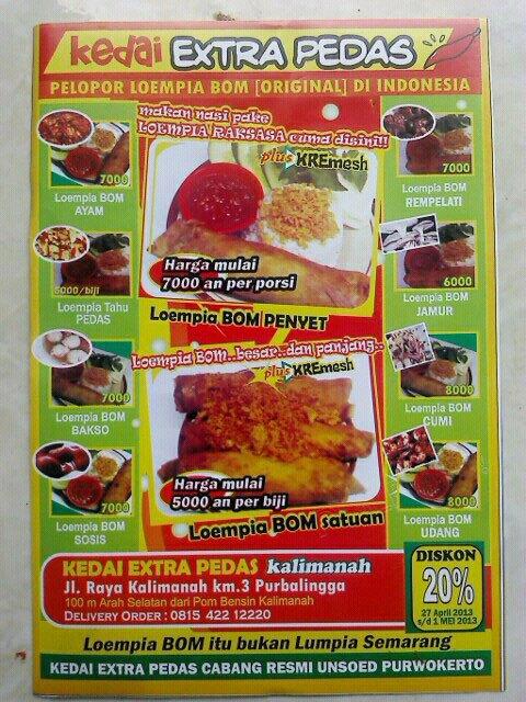 Menu at Kedai Extra Pedas Loempia Bom Kalimanah restaurant, Purbalingga
