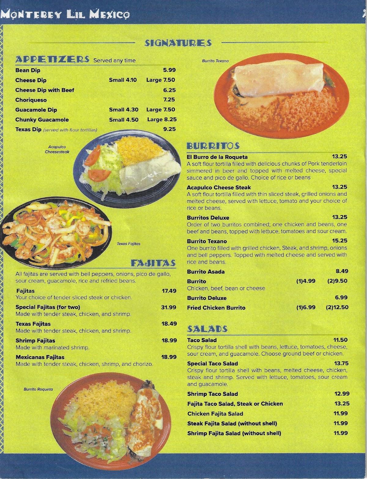 Menu at Monterey's Little Mexico restaurant, Bremen