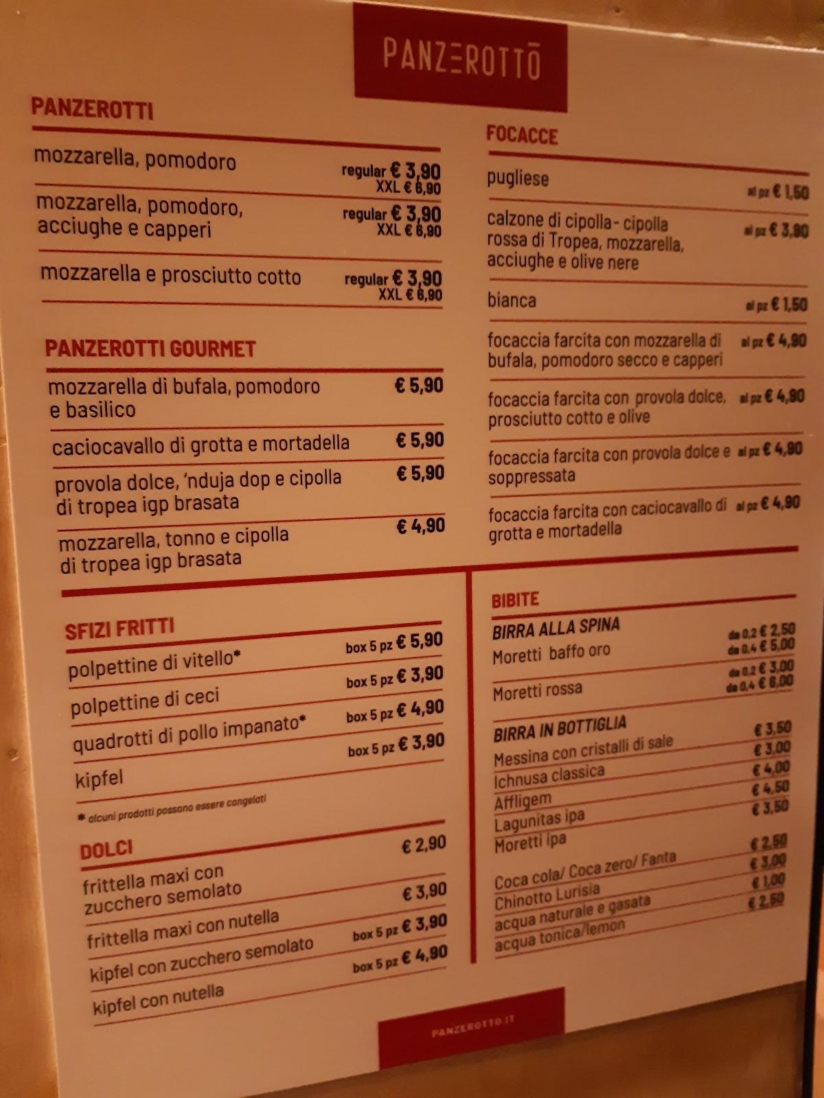 Menu da Panzerottò ristorante, Trieste