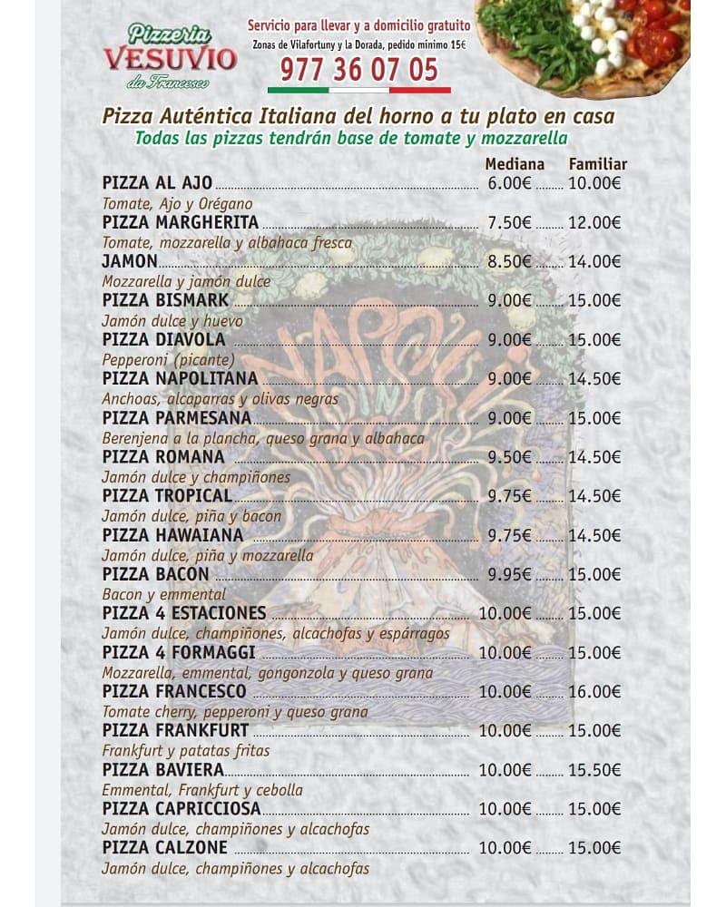 Menu at Pizzeria Vesuvio, Cambrils