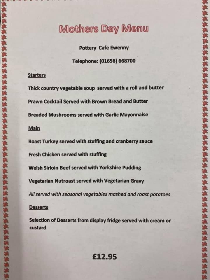 Menu at Pottery Cafe, Bridgend, Pottery Hill