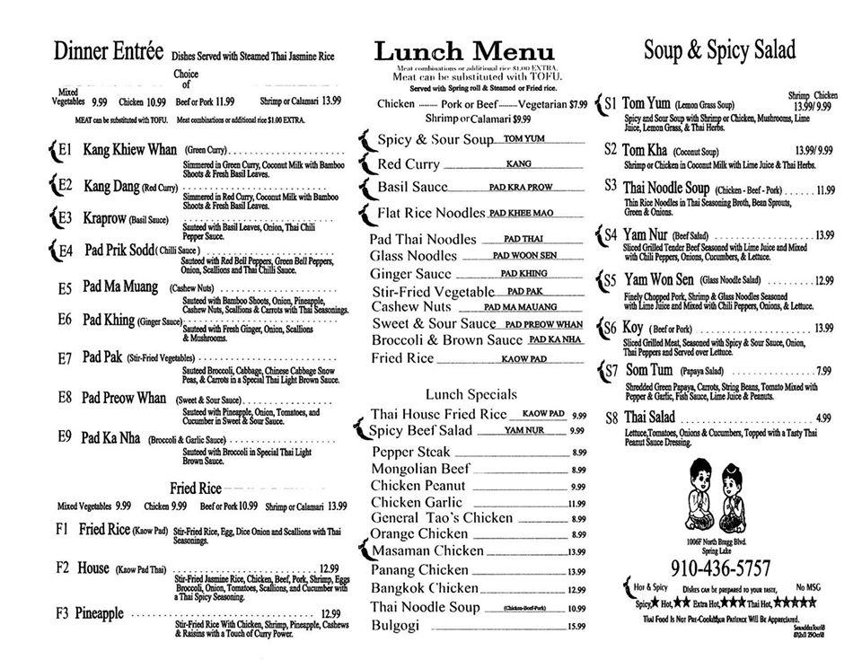 Menu at Sawaddee restaurant, Spring Lake
