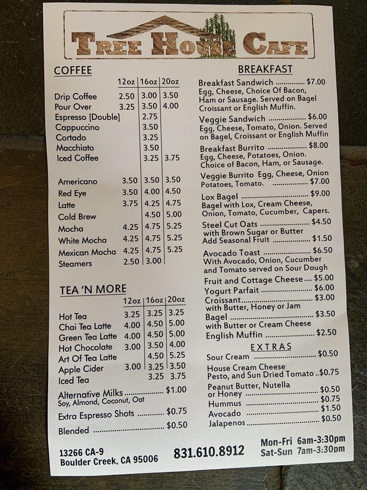 Menu at The Tree House Cafe, Boulder Creek