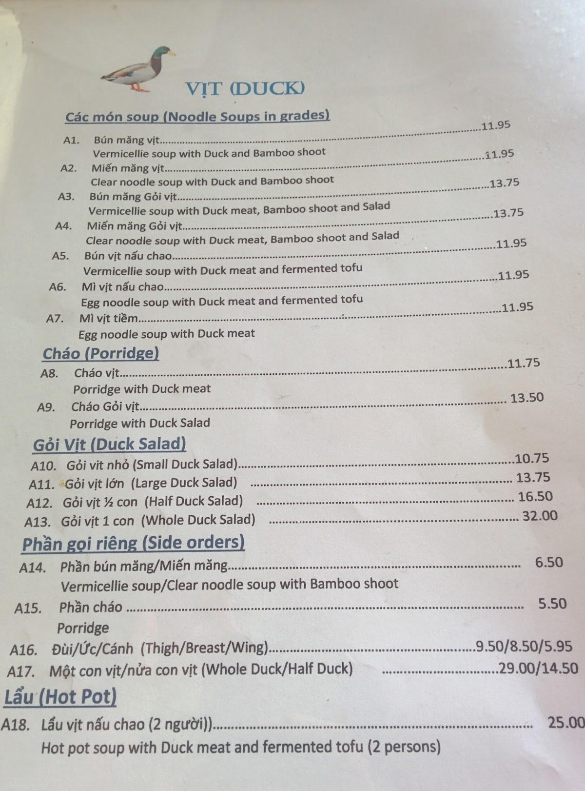 Menu at Vịt Đông Quê restaurant, San Jose