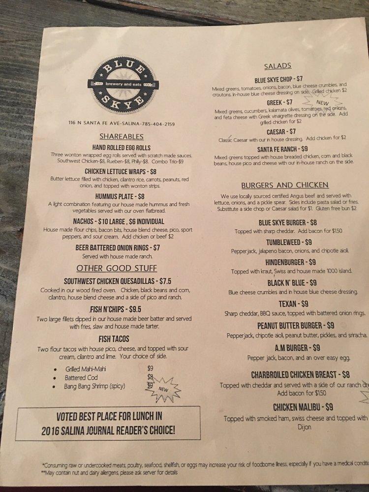 Menu at Blue Skye Brewery and Eats pub & bar, Salina