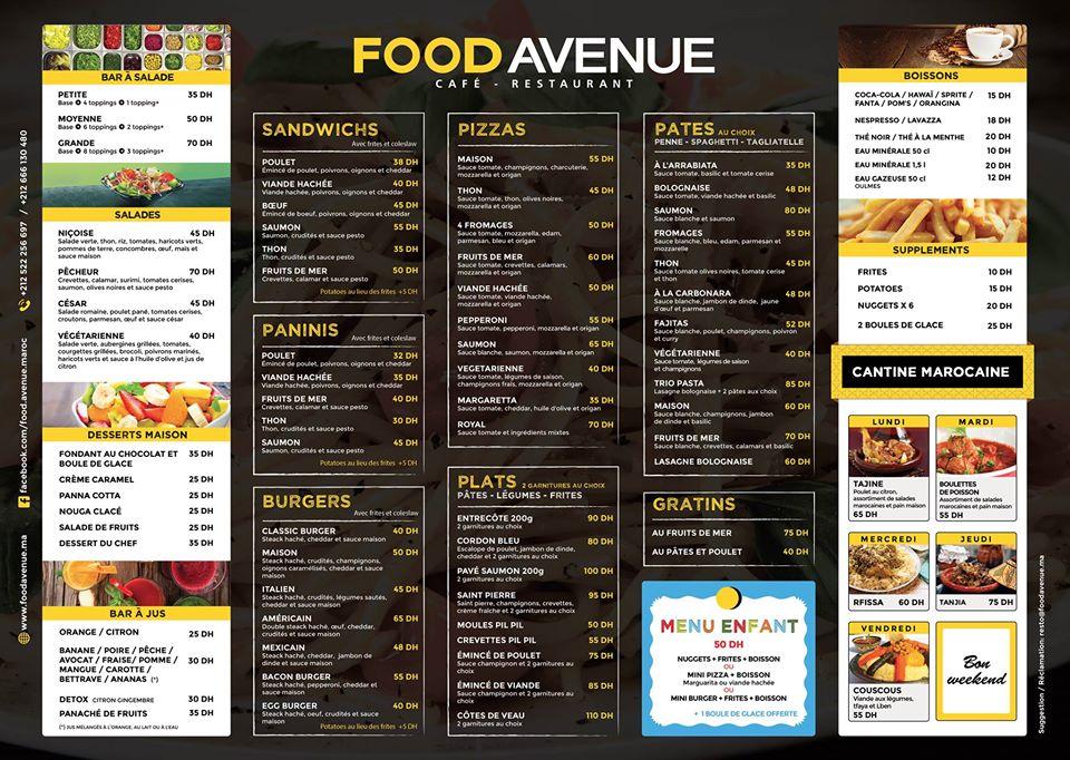 Menu at Food Avenue Maroc restaurant, Morocco