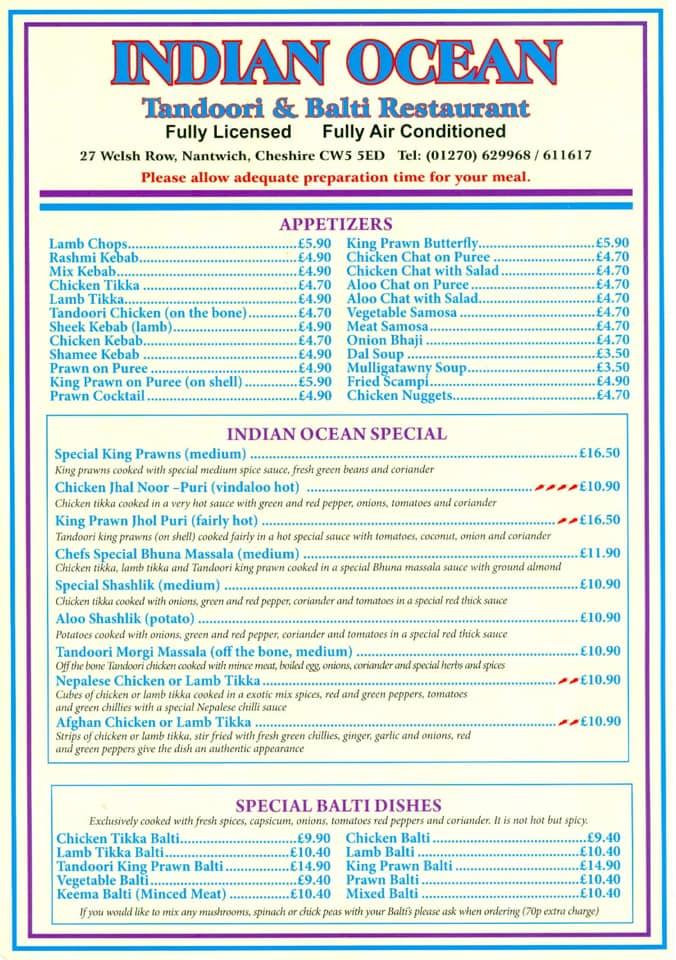 Menu at Indian Ocean restaurant, Nantwich