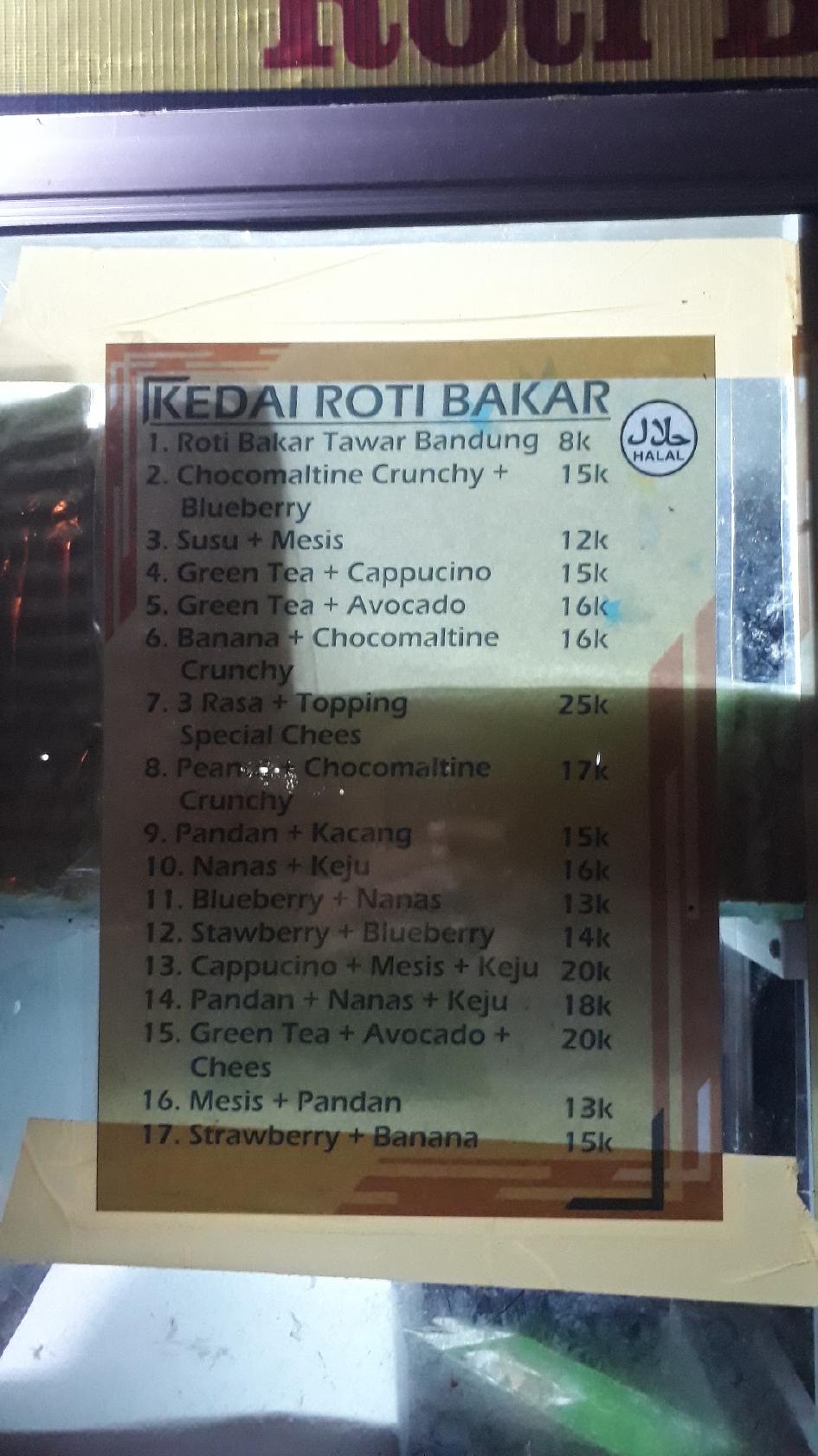 Menu at Kedai Roti Bakar, Teras restaurant, Salatiga