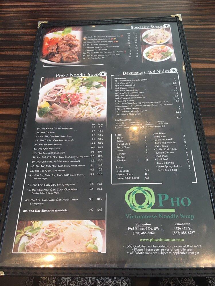 Menu at Pho restaurant, Edmonton, 17 St NW