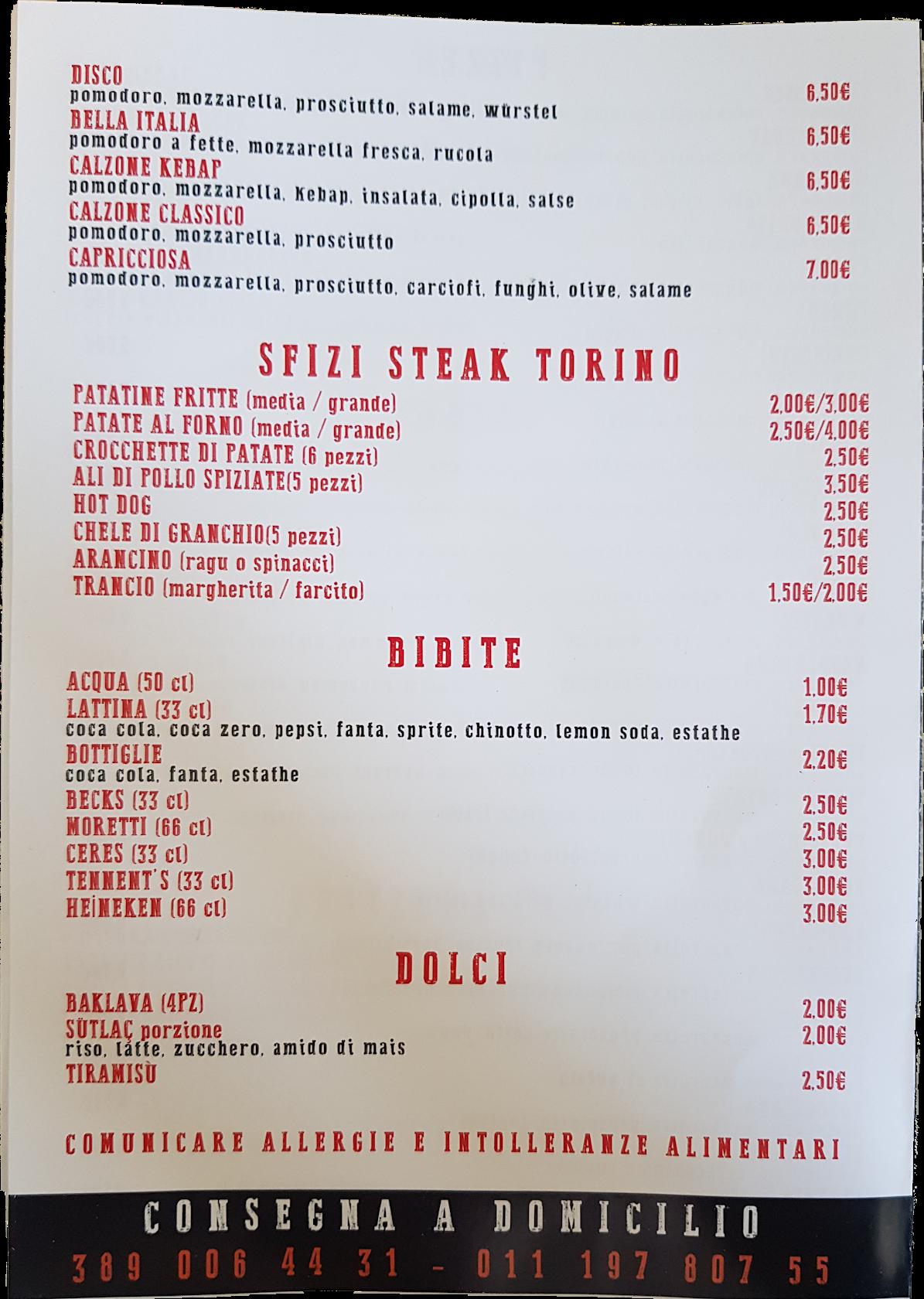 Menu at Torino Steak House restaurant, Turin