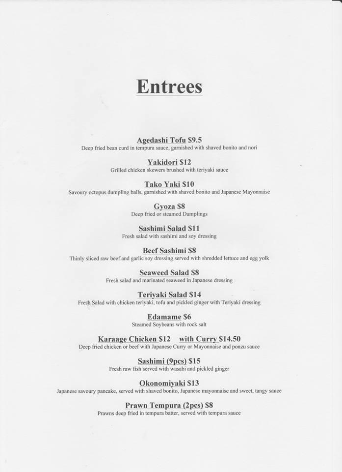 Menu at Yusu Japanese Restaurant, Ettalong Beach