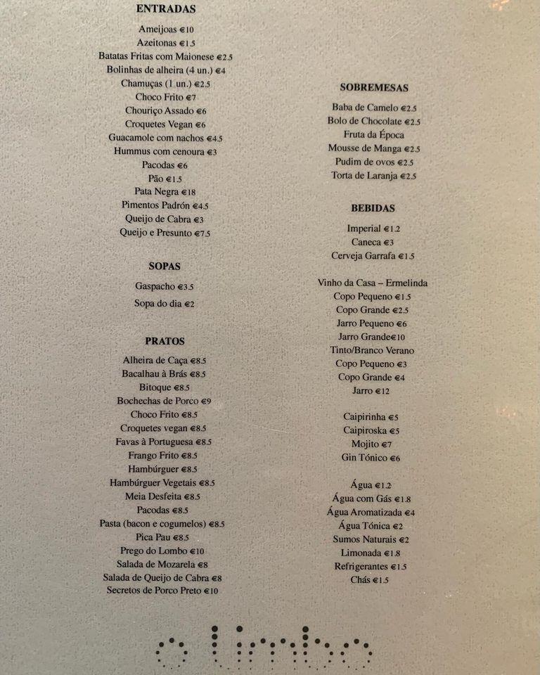 Menu em o Limbo café, Lisboa