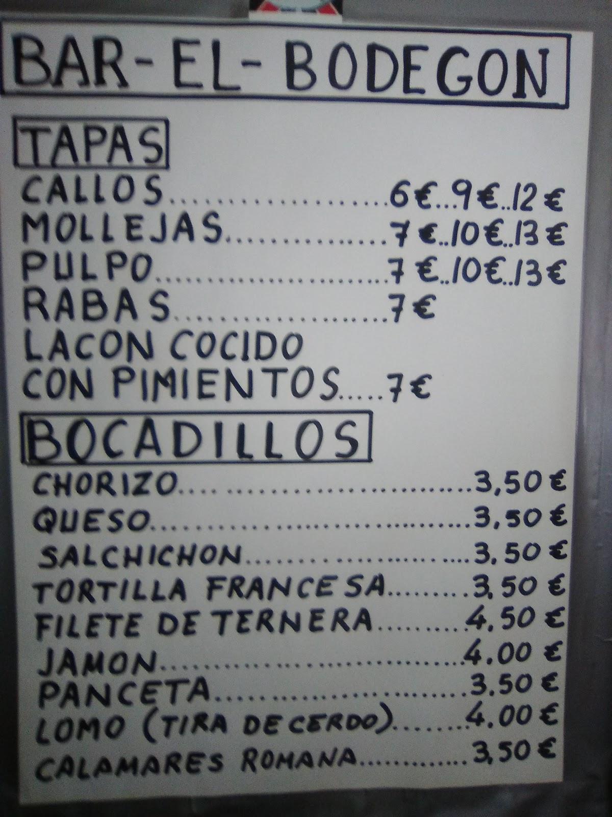 Menu at Bar El Bodegon, Toral de los Vados