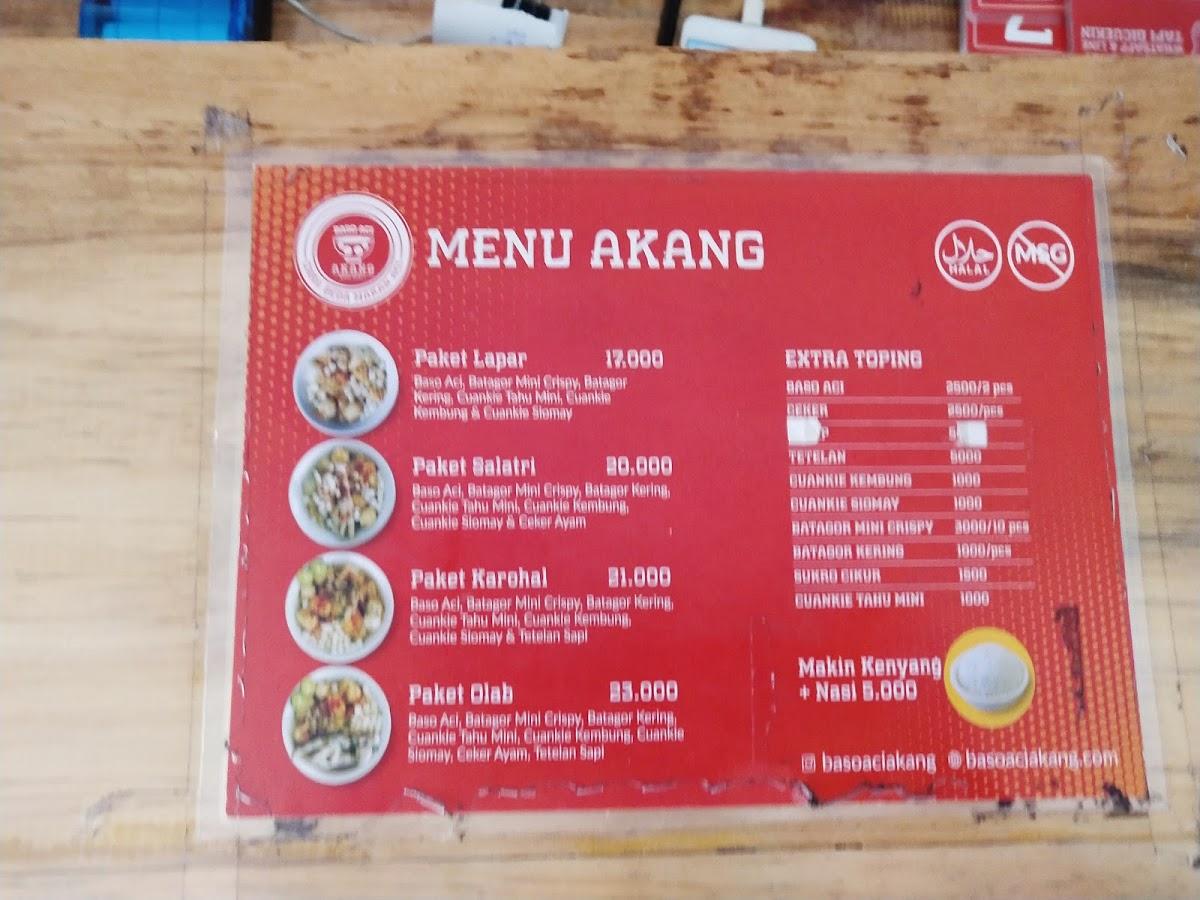 Menu at Baso Aci Akang Cipayung restaurant, East Jakarta