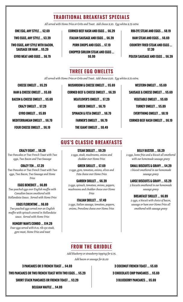 Menu at Gus's Diner One Eight Five restaurant, Cleveland
