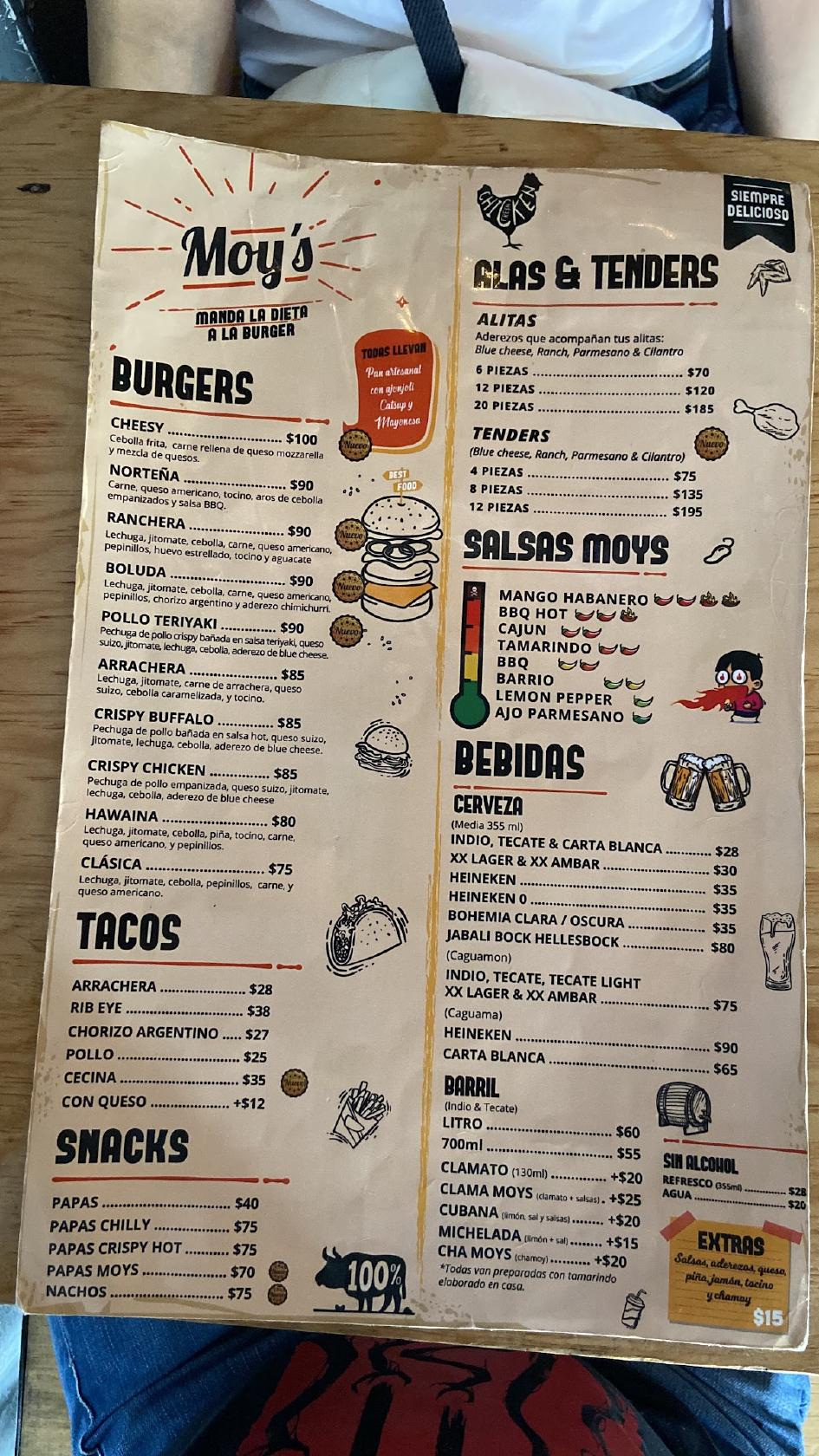 Menu at Moy's burger pub & bar, Mexico City