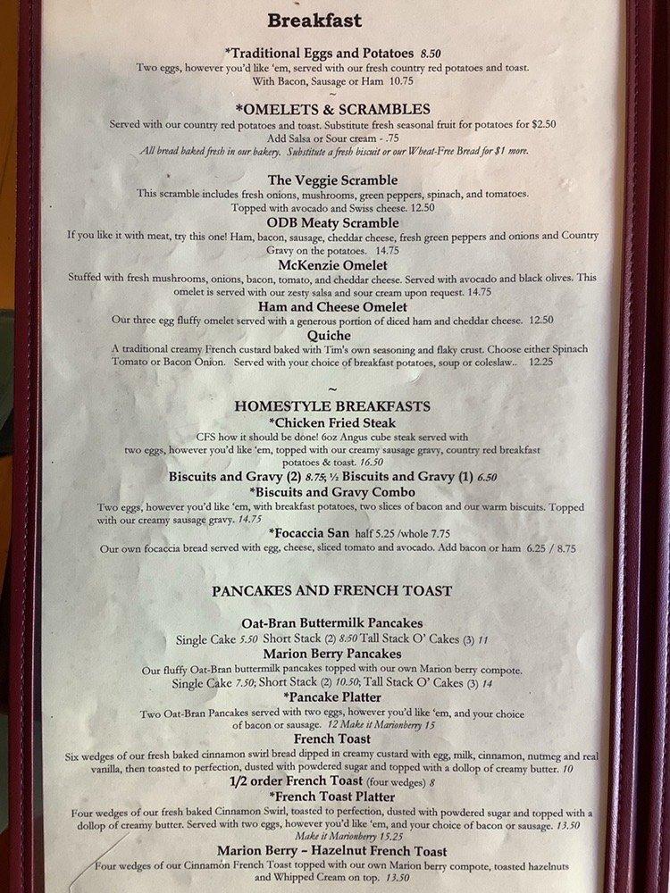 Menu at Our Daily Bread Restaurant, Veneta