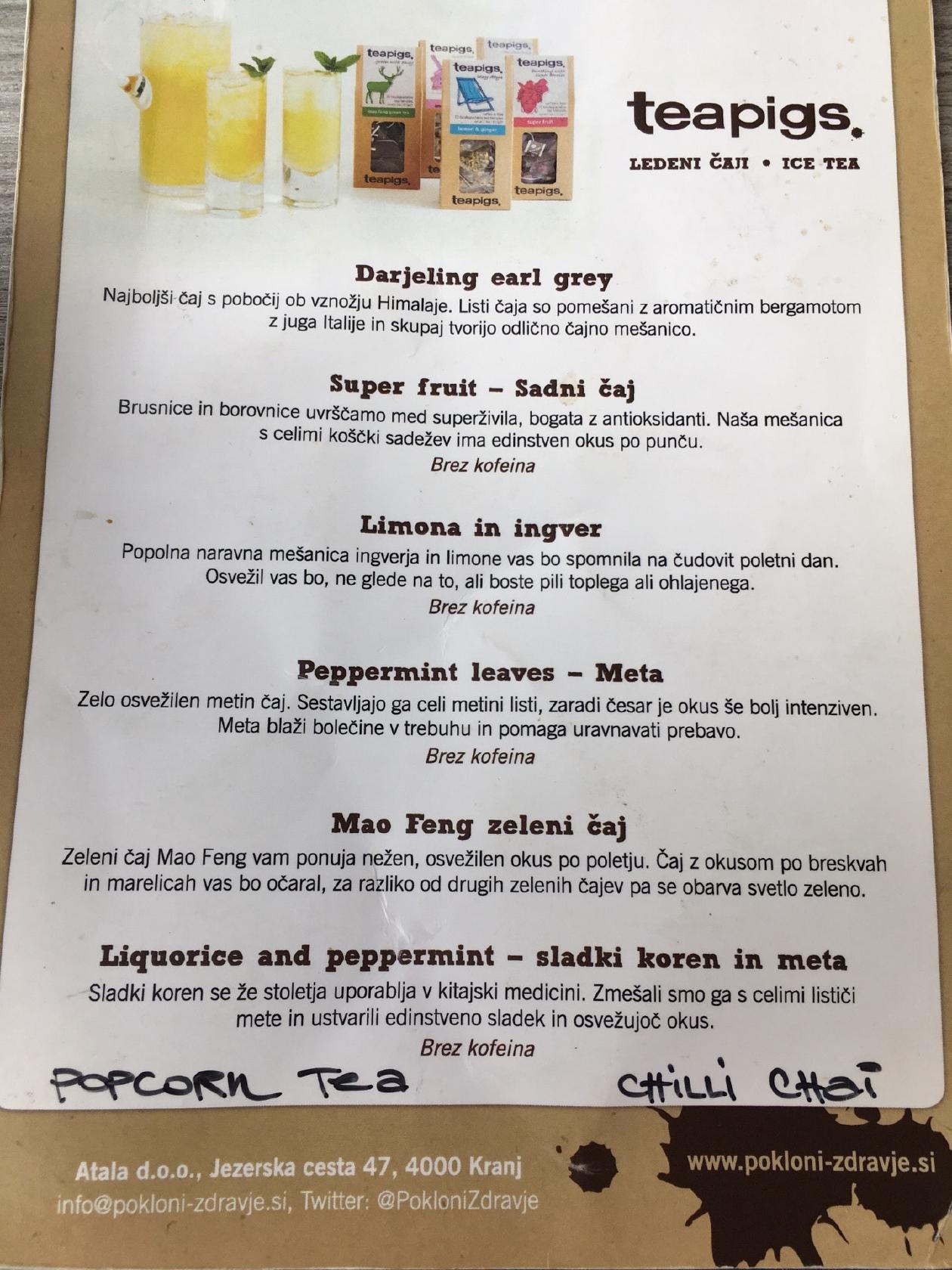 Menu at Panorama Cafe, Ljubljana