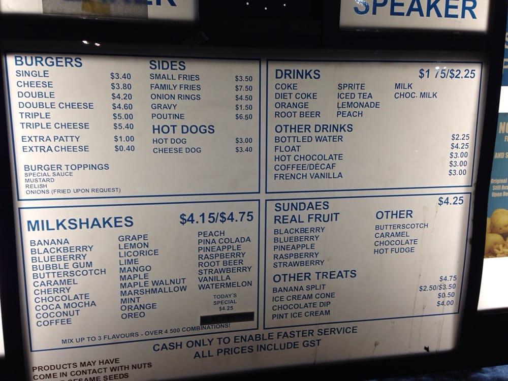 Menu at Peters' Drive-In fast food, Calgary
