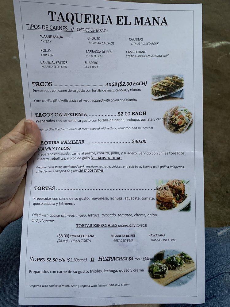 Menu at Taqueria El Mana restaurant, Valdese