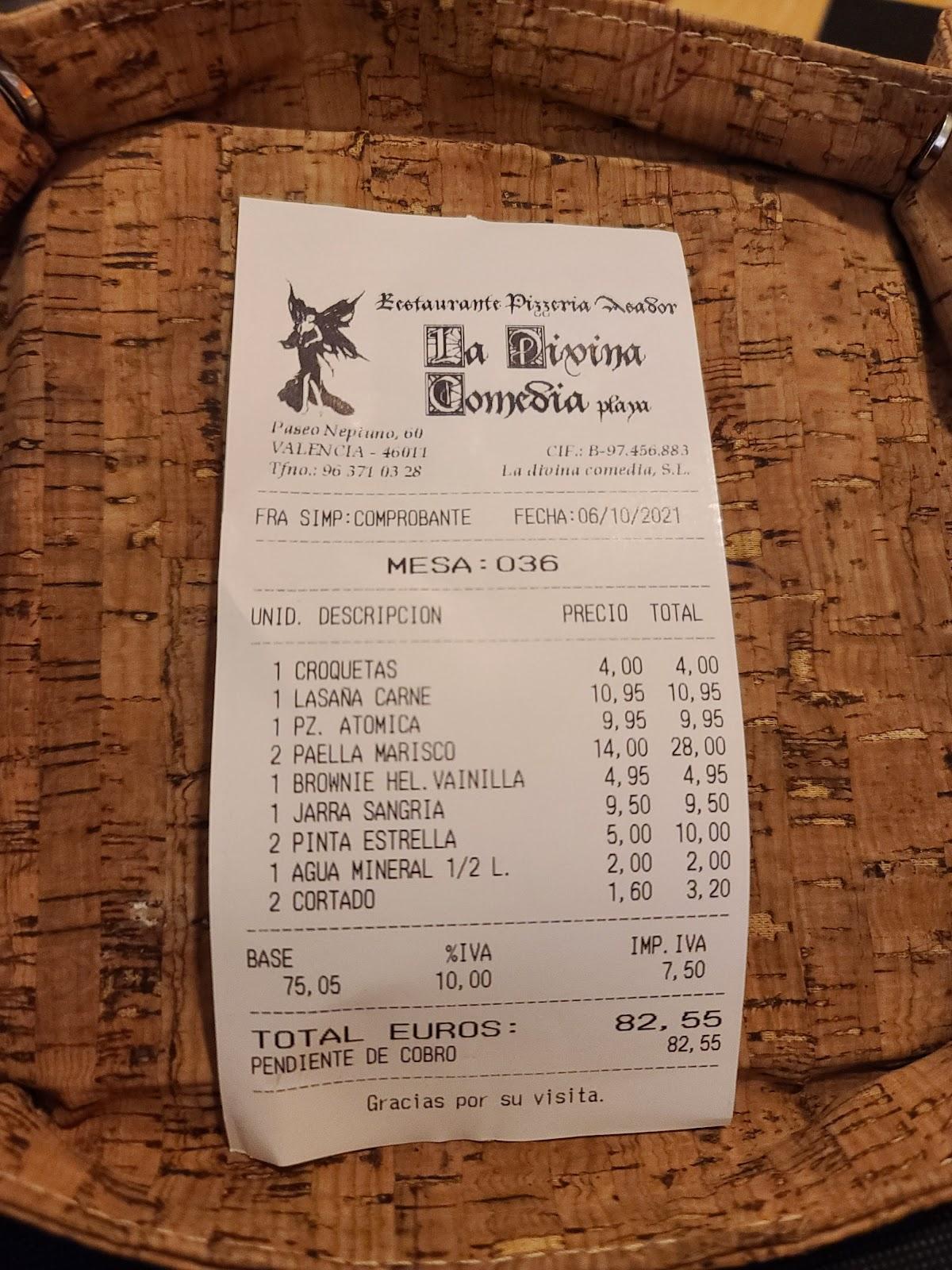 Menu at La Divina Comedia restaurant, Valencia, Passeig de Neptú