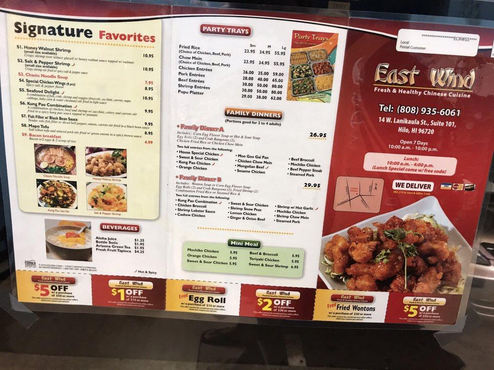 Menu at East Wind restaurant, Hilo