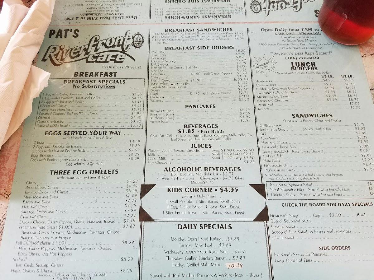 Menu at Pat's Riverfront Cafe, Port Orange
