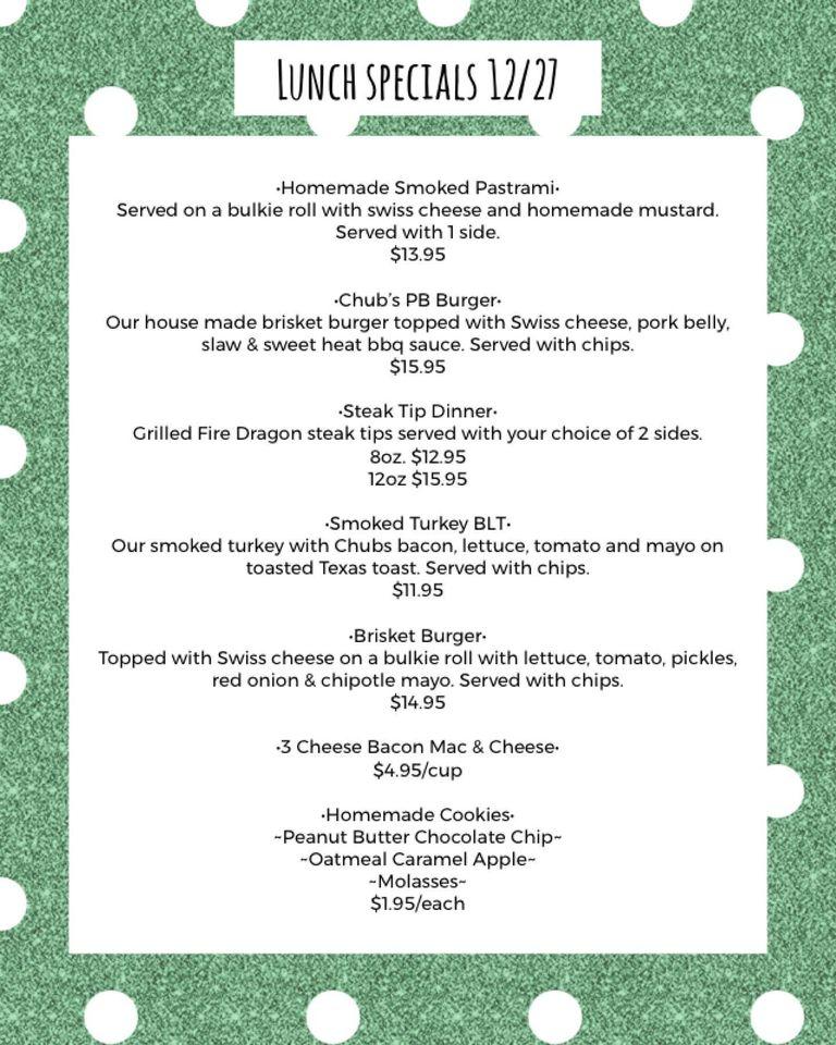 Menu at Chub's Blue Pig BBQ, Attleboro