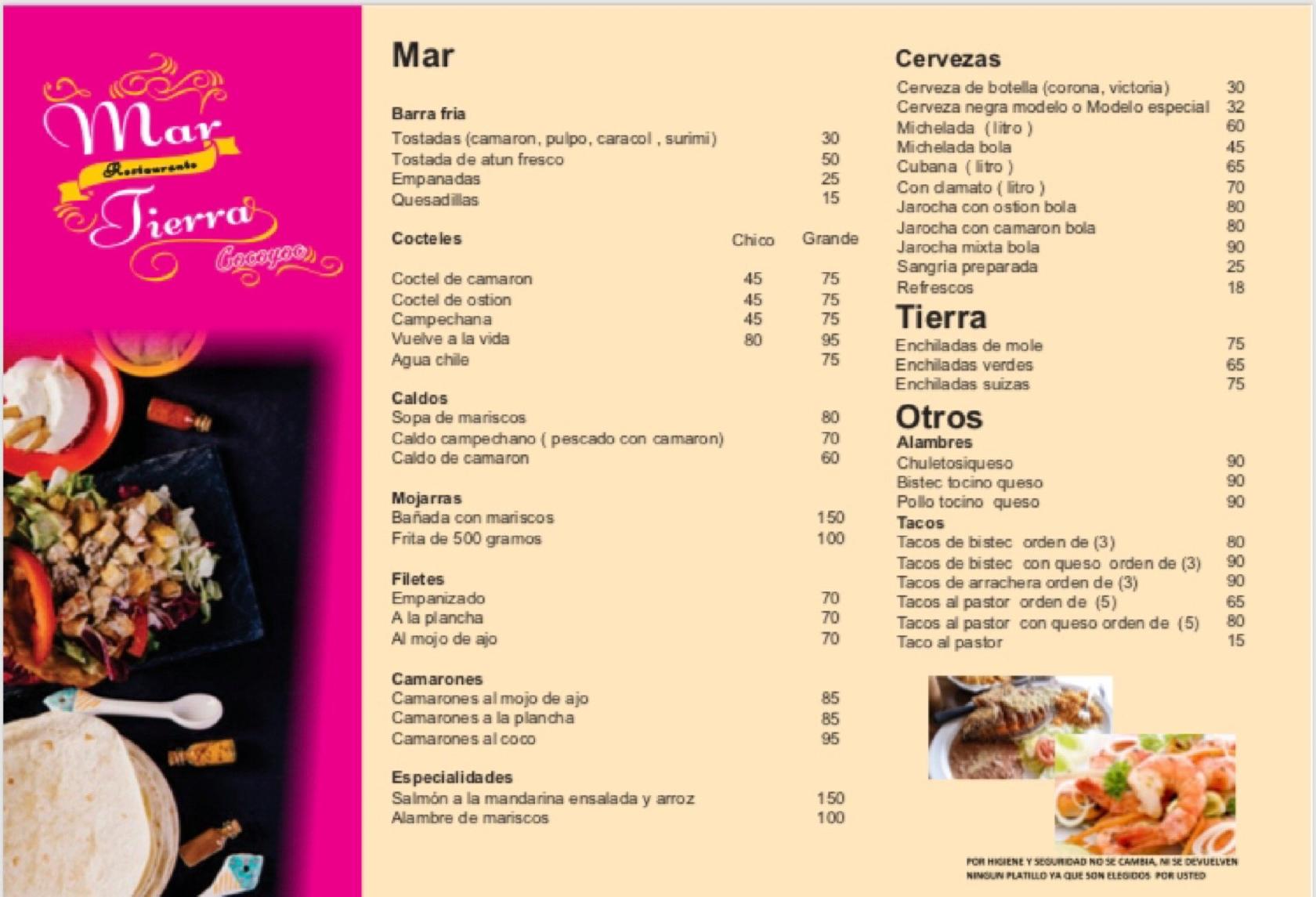 Carta de Mar tierra restaurante, Oaxtepec