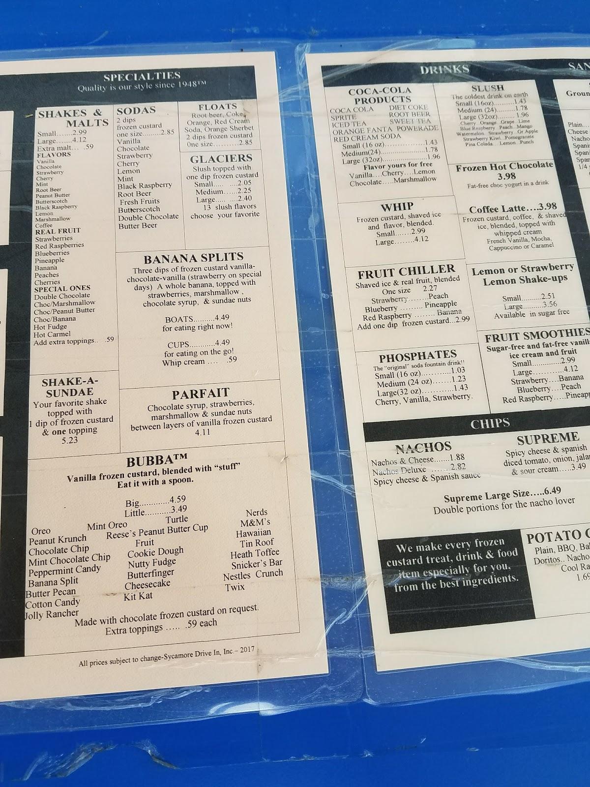 Menu at Sycamore Drive In restaurant, Monticello