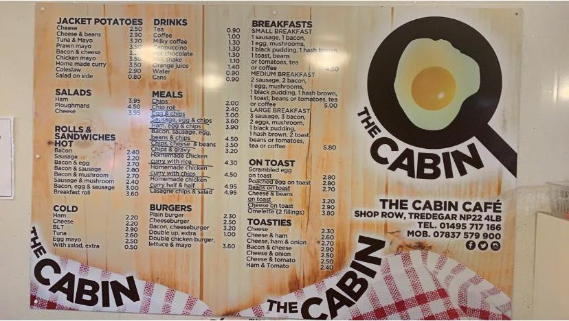 Menu at The Cabin Snack Bar, Tredegar