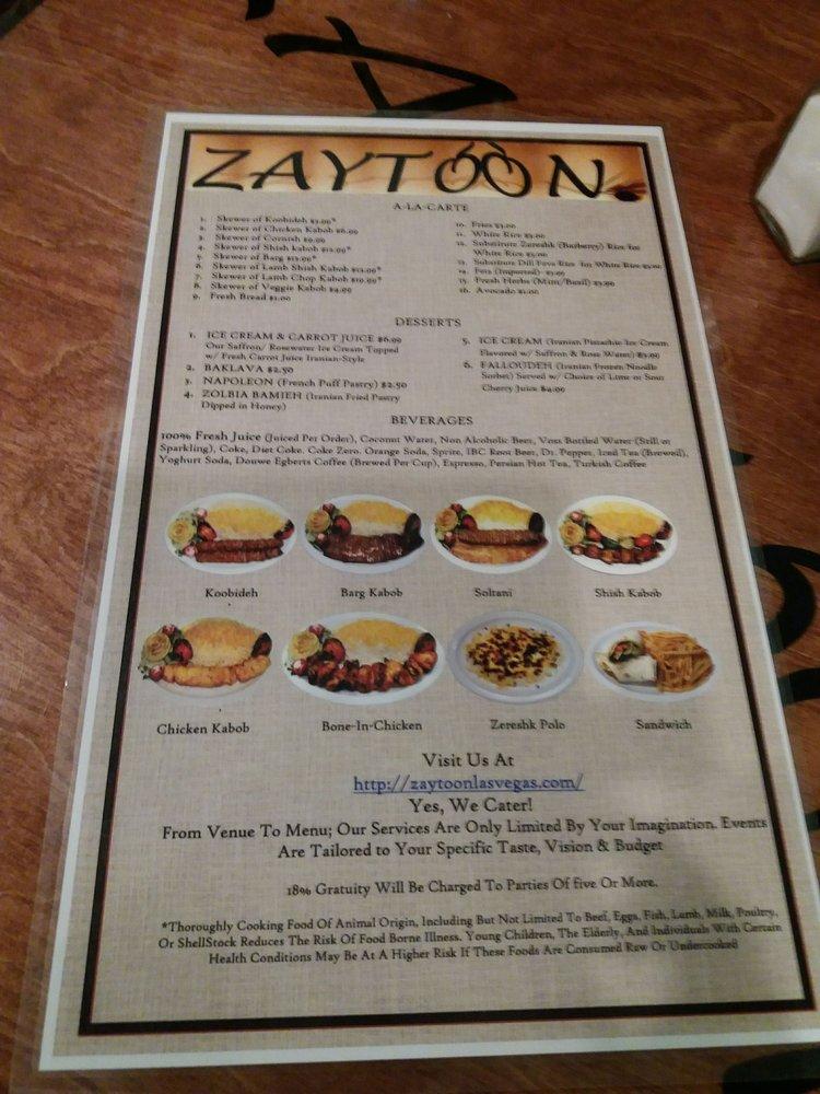 Menu at Zaytoon restaurant, Las Vegas