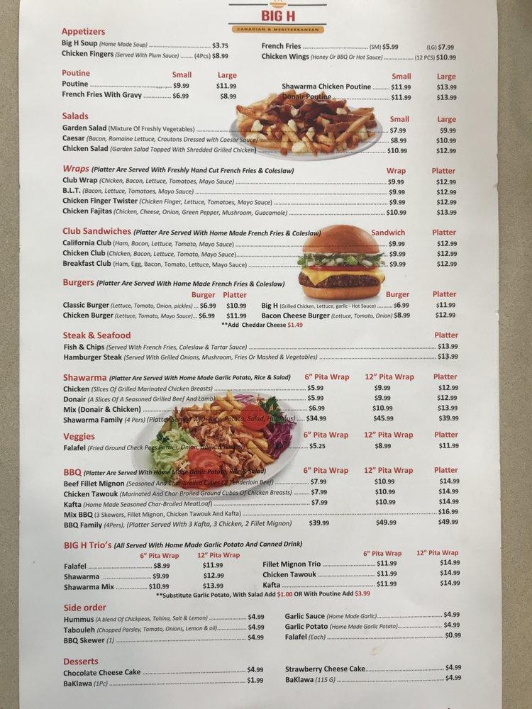 Menu at Big H Shawarma & Poutine Restaurant, Ottawa