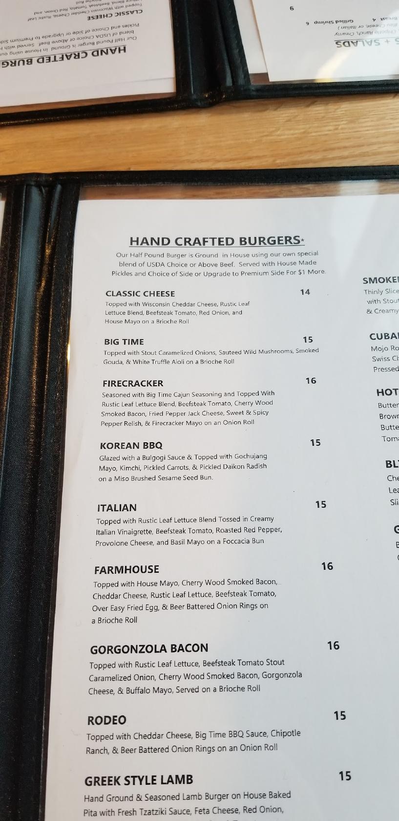 Menu at Big Time Burgers + Brew desserts, Portage